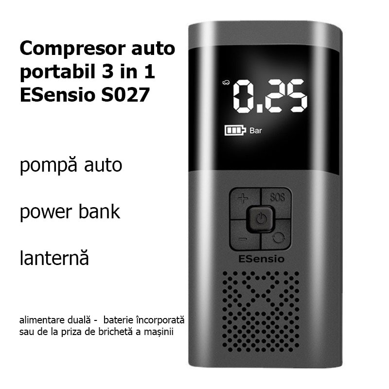 Compresor auto 3 in 1 ESensio® S027, baterie 6000 mAh, power bank ...