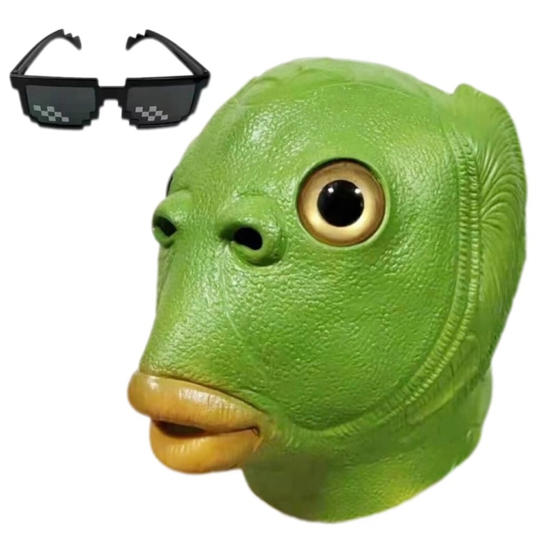 Masca de Halloween, AjieQaQ, cap de peste verde, latex, dimensiune ...