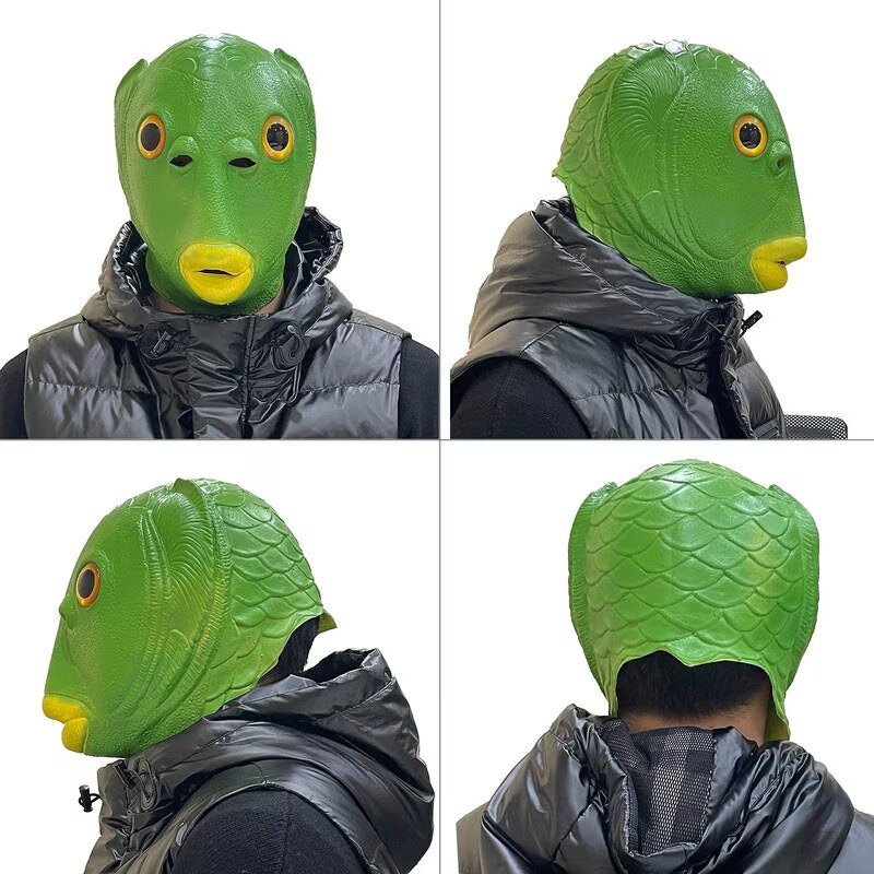 Masca de Halloween, AjieQaQ, cap de peste verde, latex, dimensiune ...