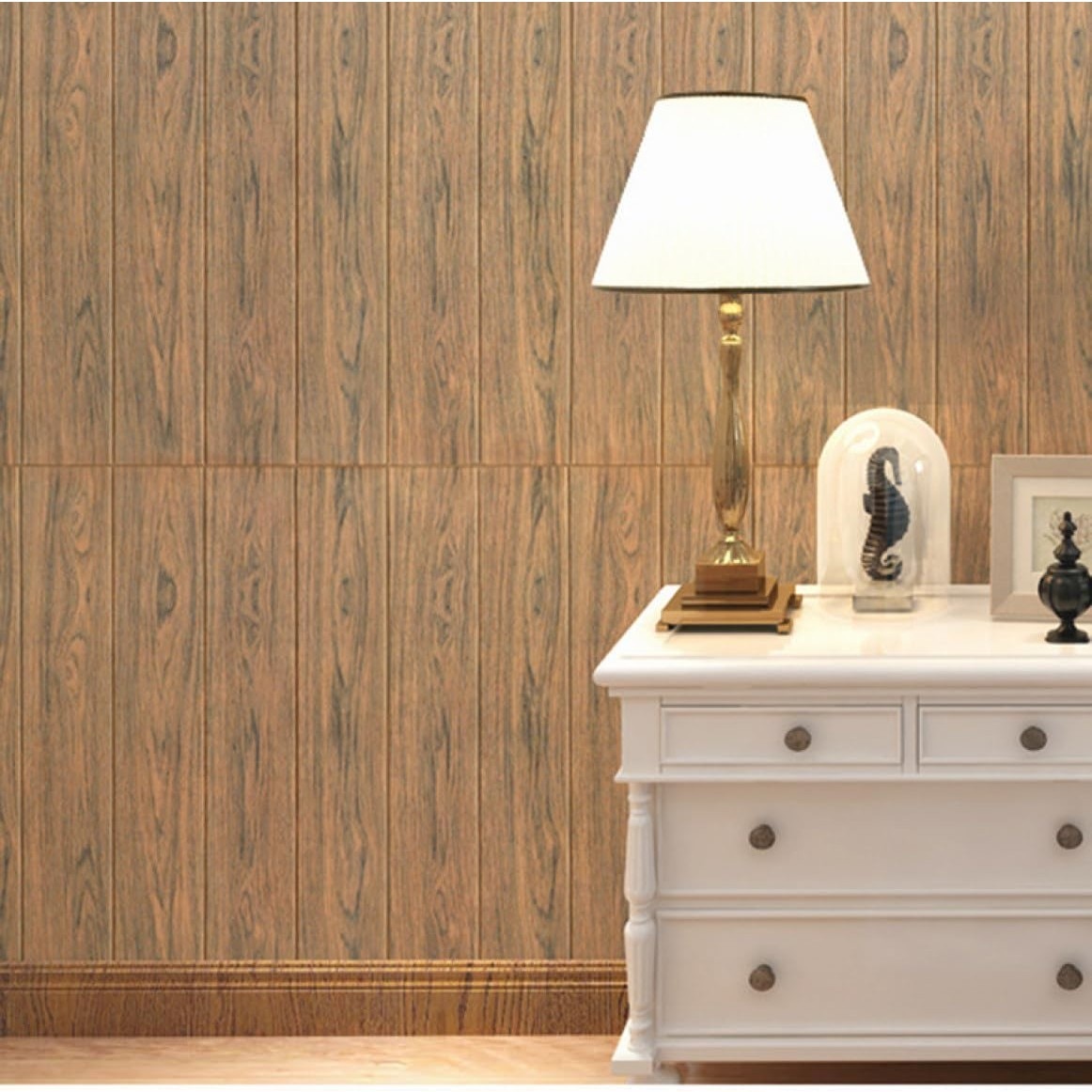 Set 10 Placi Tapet Autocolant 3D, din Rasina, Imitatie Lambriu lemn ...