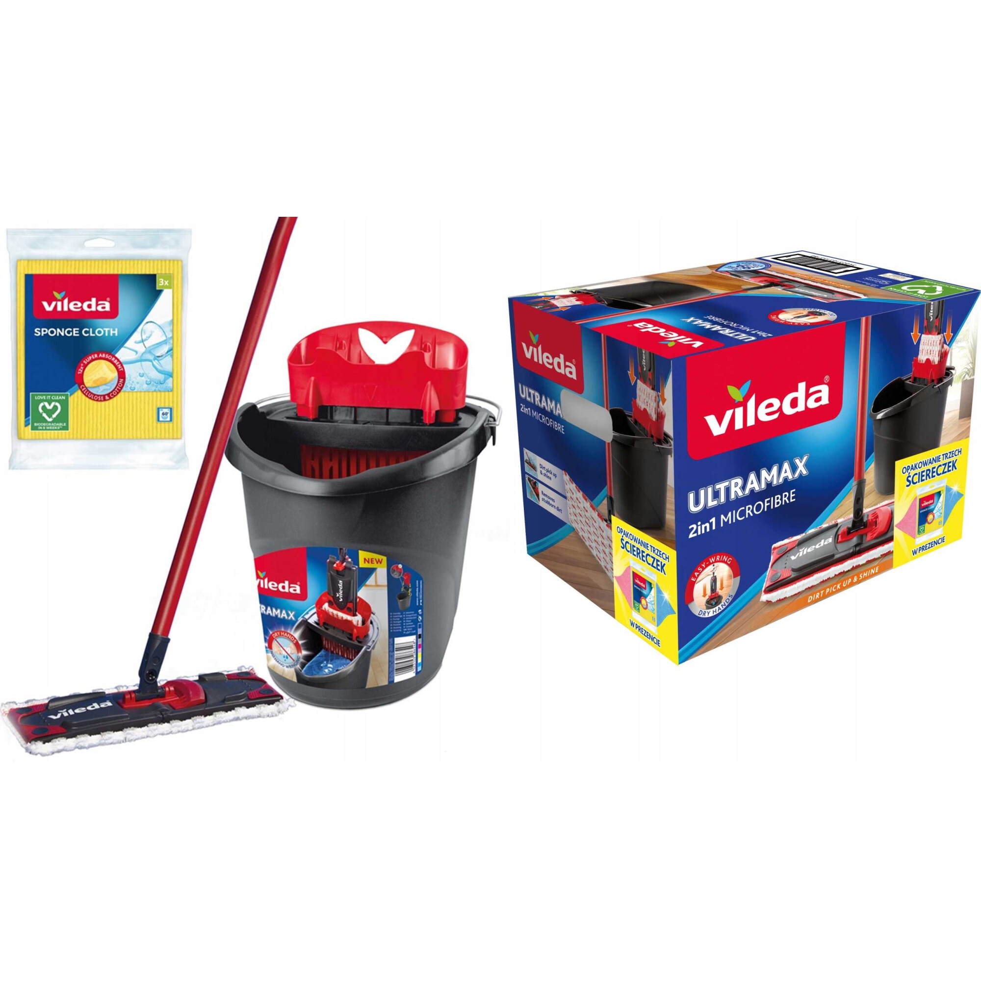 Set cu mop plat, Vileda, microfibra, cu galeata si 3 rezerve, 20 x 18.4 ...