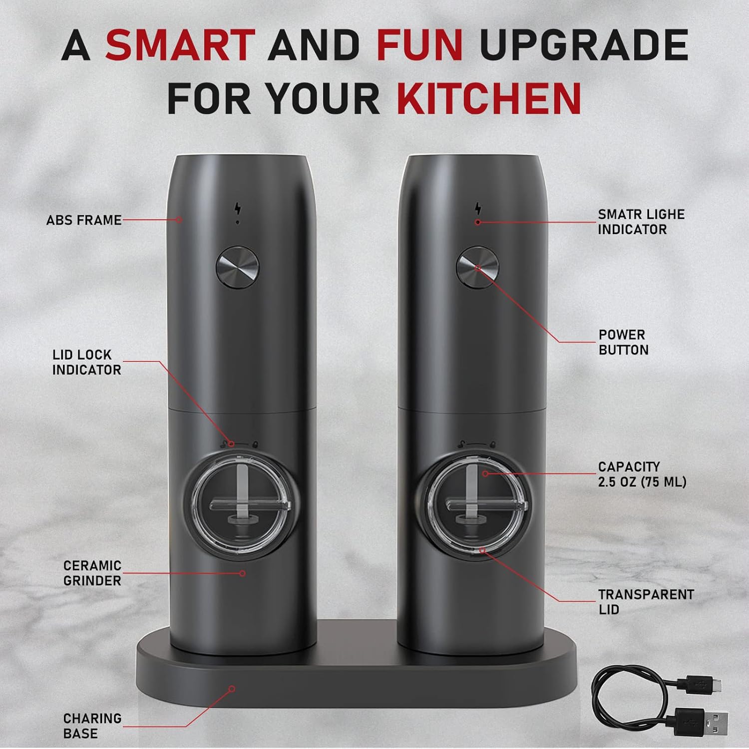 Set rasnite electric pentru sare si piper, USB, negru mat, 70ml, 16x7 ...