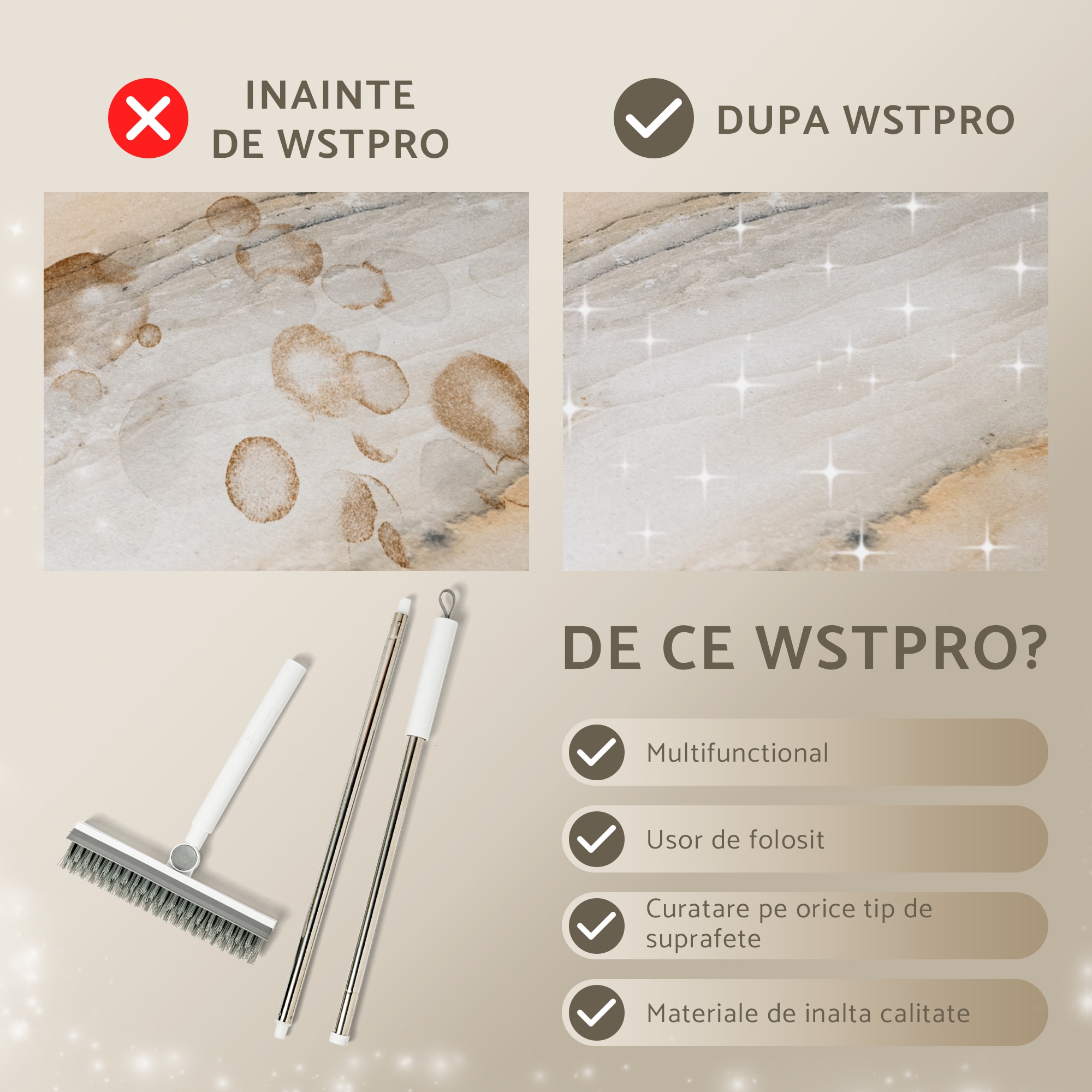 Perie multifunctionala WstPro pentru curatat podele si rosturi, maner ...