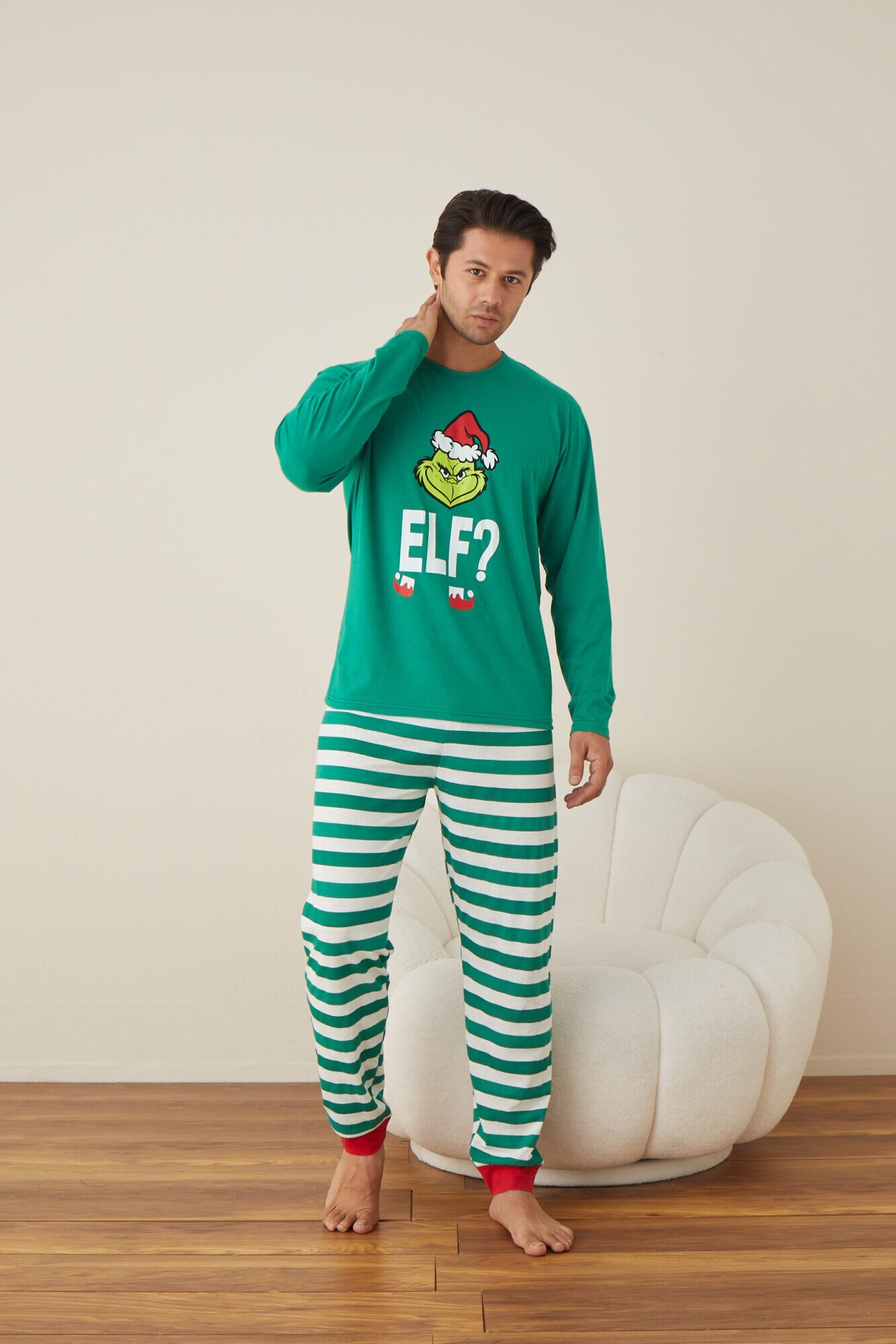 Férfi pizsama, karácsonyi témájú, manó, grincs, pamut, zöld - L ...