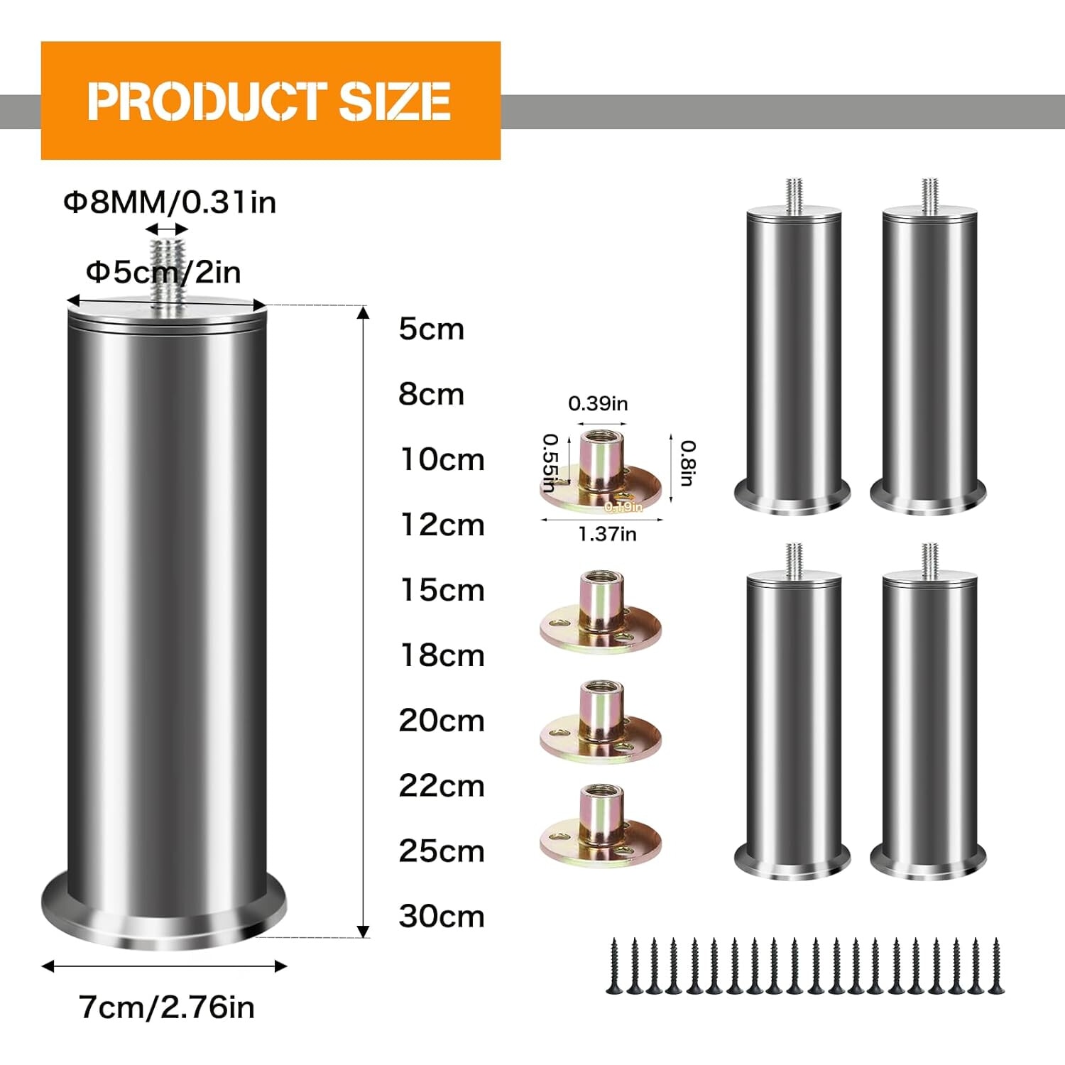 Set de 4 picioare pentru mobilier RHUAFET, 5.8 cm, picioare din otel ...
