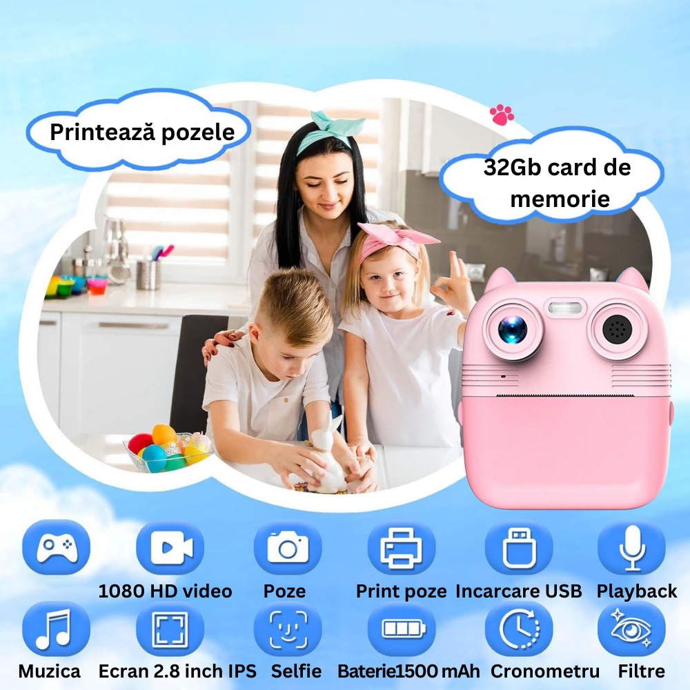 Camera Digitala Pentru Copii Cu Imprimare Termica Instant, 48 MP HD ...