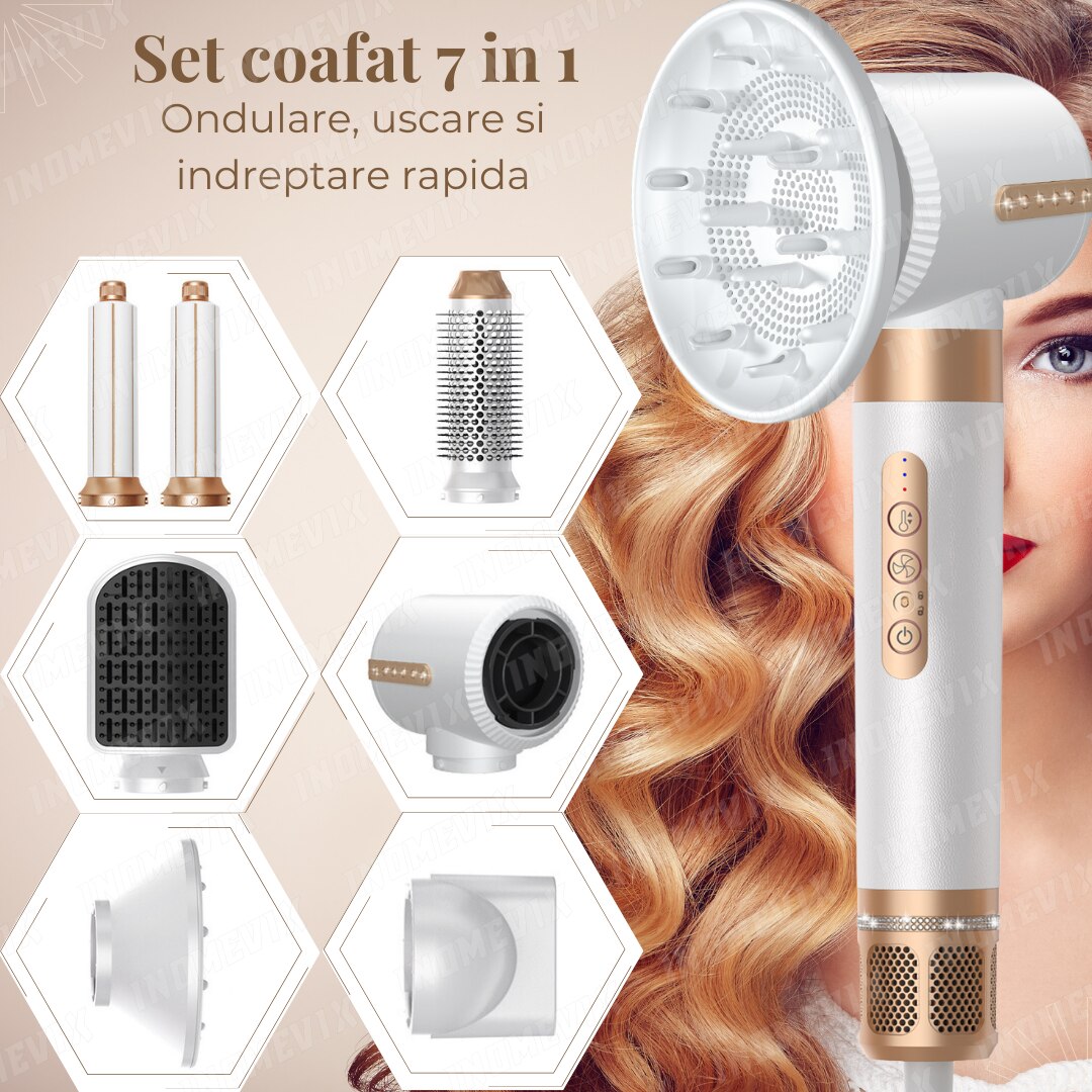 Perie electrica, Set coafare 7 in 1 INOMEVIX®, 1400W, 3 Viteze si 3 ...