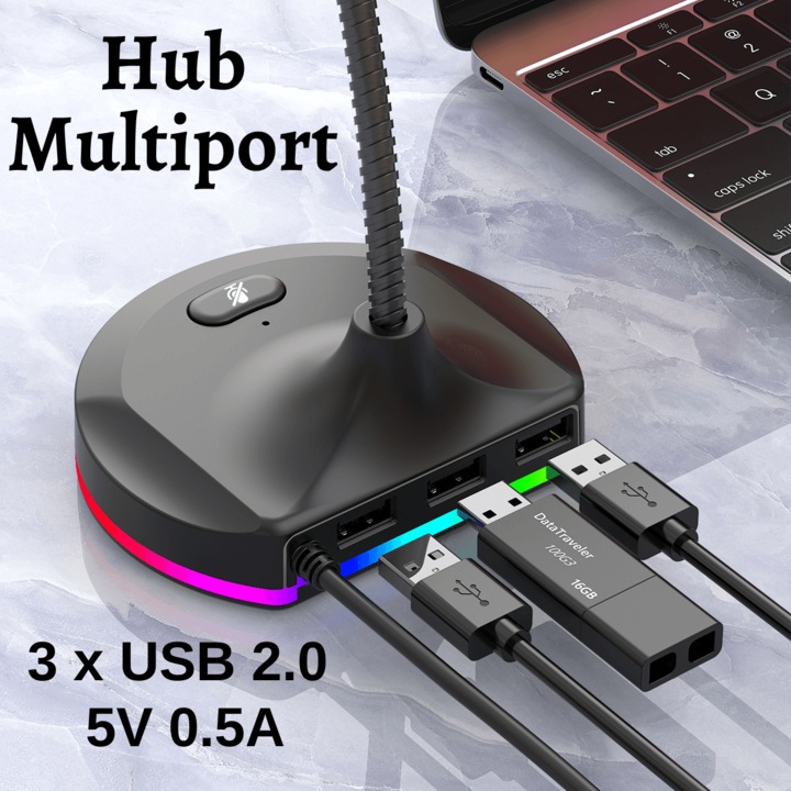 Microfon Gaming MOGODA, Iluminare RGB, Hub 3 x USB 2.0, Conexiune USB ...