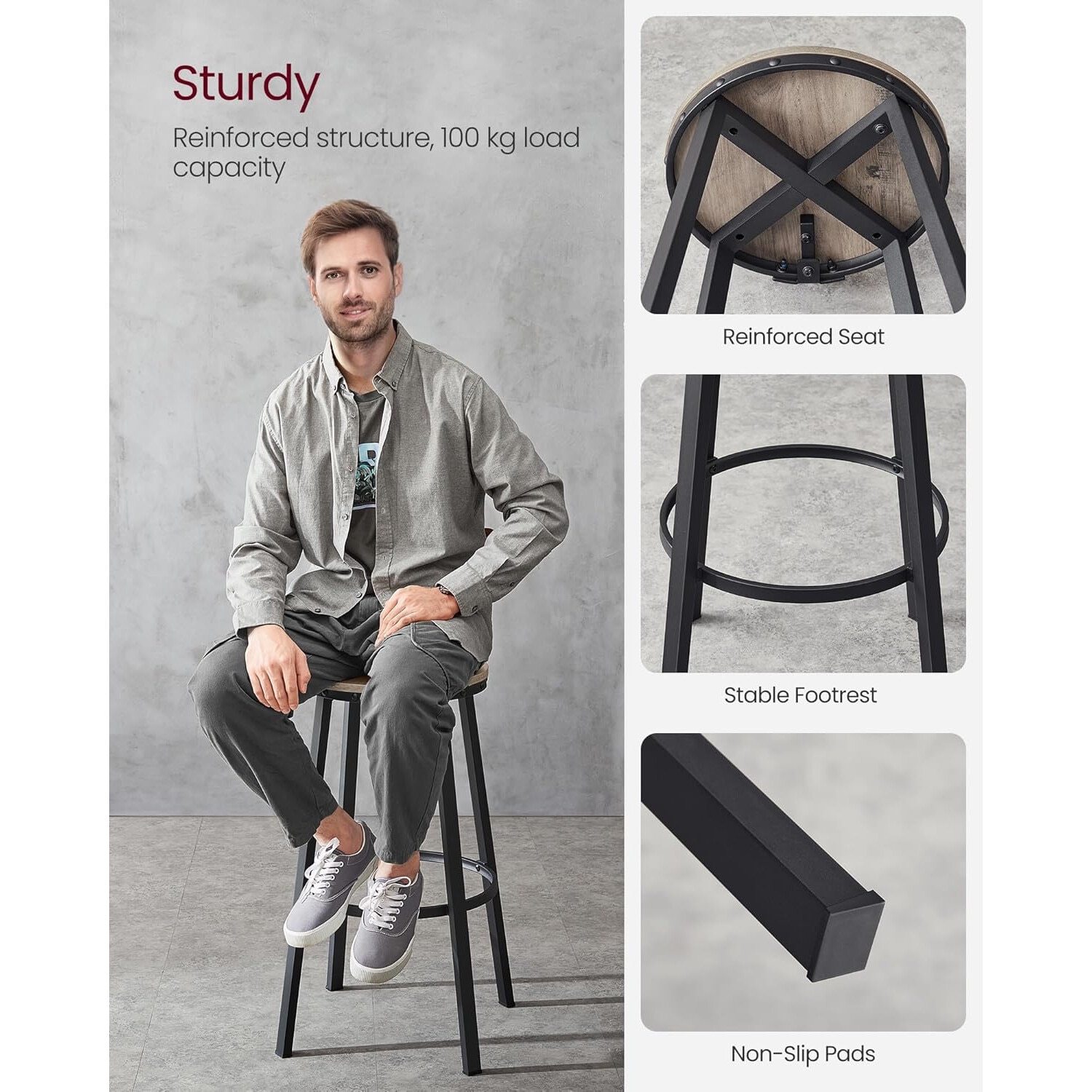 Set de 2 scaune de bar inalte cu spatar VASAGLE, cadru din otel ...