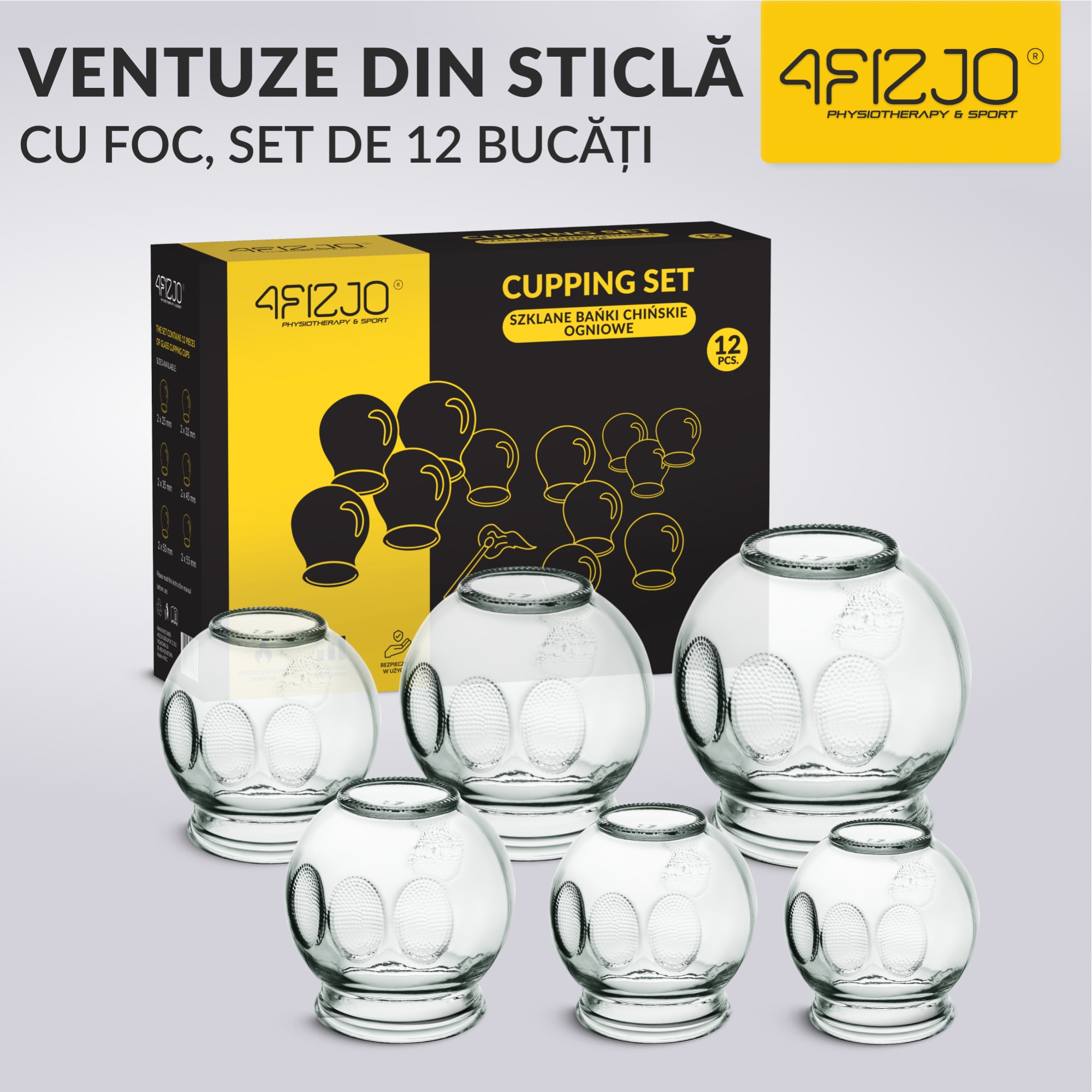 Set 12 de ventuze pentru masaj, 4FIZJO, sticla, foc, cuart inclus ...