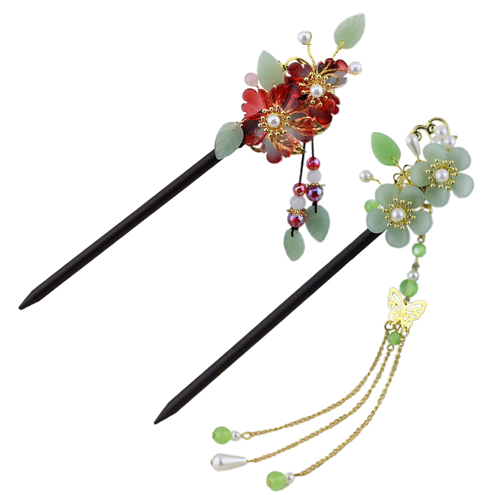 Set 2 betisoare de par din lemn, lungime 18 cm, rosu+verde deschis ...