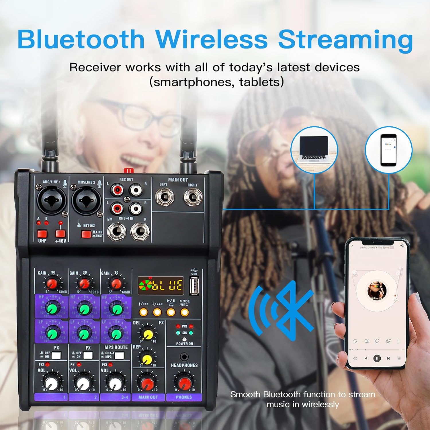 Mixer audio profesional cu 2 Microfoane wireless, GOSTOCK®, 4 canale ...