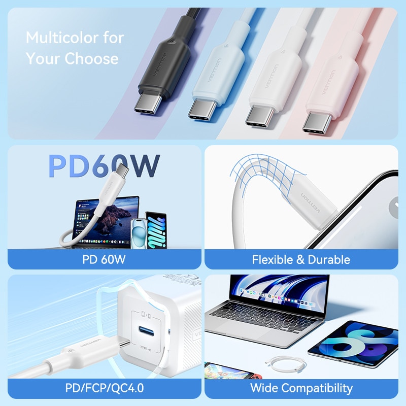 USB C kábel USB Type-C, VENTION, 3A, PVC, max. 60 W, fekete, 1 m - eMAG.hu
