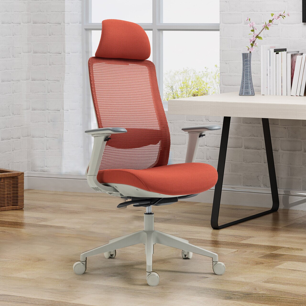 Scaun de birou ergonomic, Bedora Ergo, textil/mesh, caramiziu - eMAG.ro