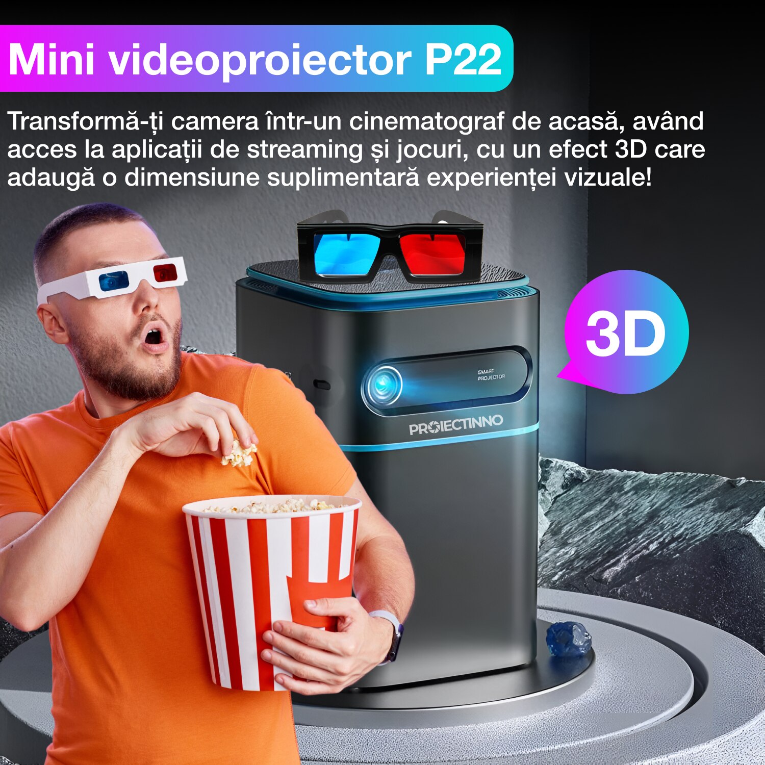 Mini videoproiector portabil DLP P22 4K 3D si ecran de proiectie ...
