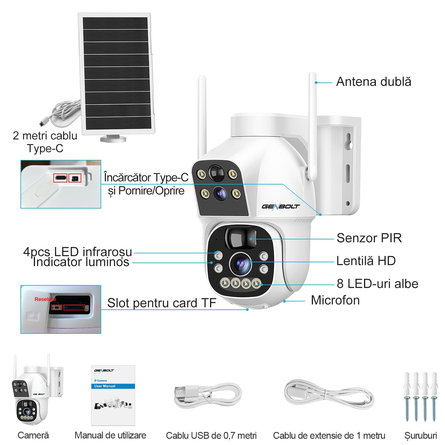 Camera de supraveghere duble Cu panouri Solare GENBOLT®, 4MP Full HD ...