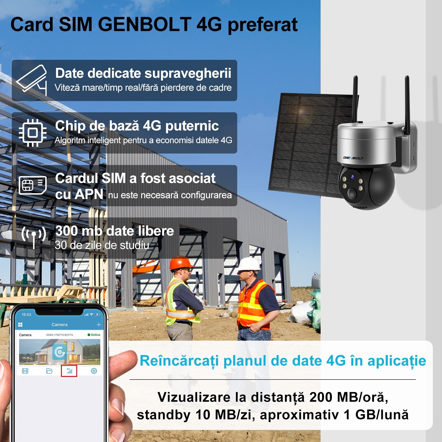 Camera de supraveghere cu SIM 4G si panou solar GENBOLT®, 3MP Full HD ...