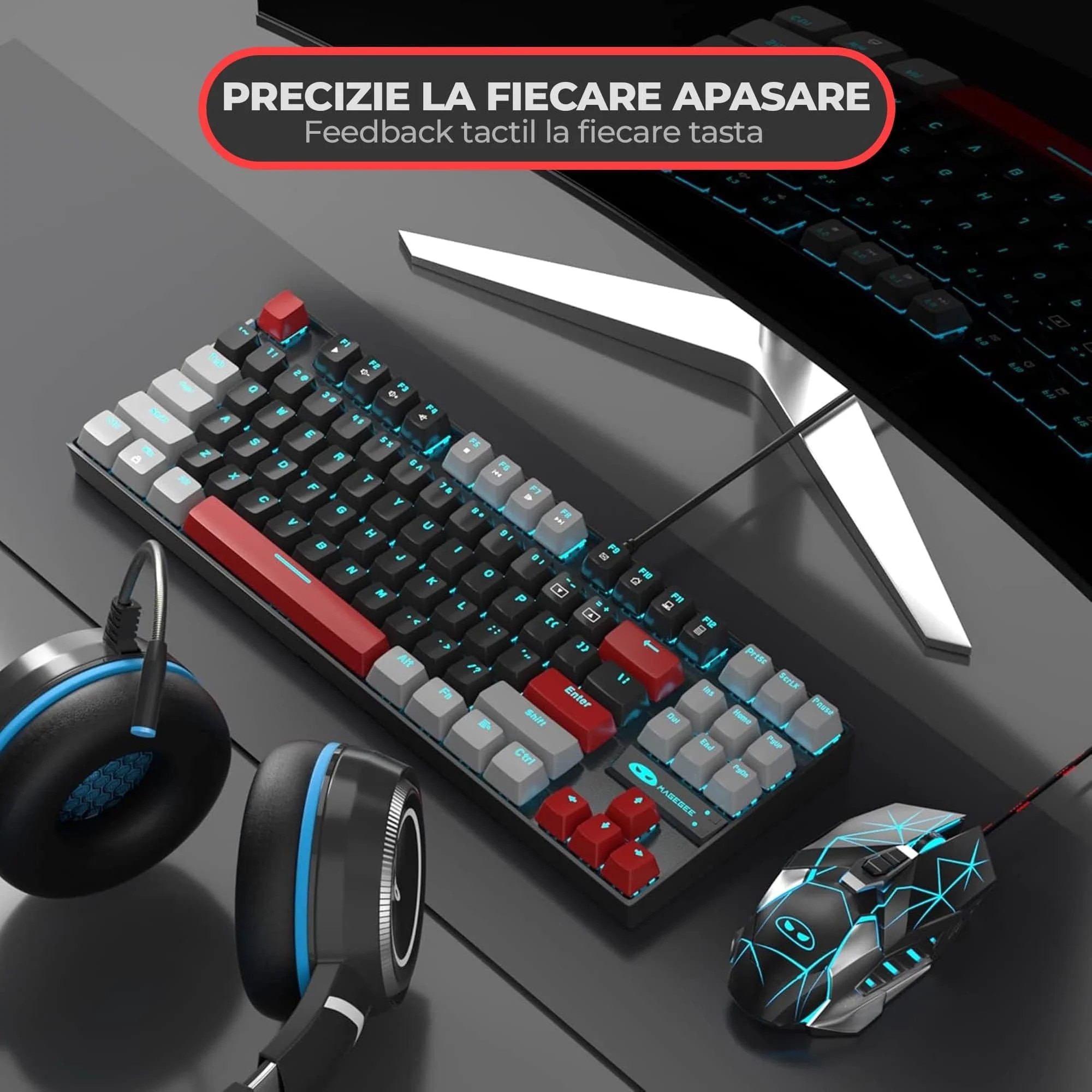 Tastatura Mecanica Gaming MageGee 75% TKL, 87 Taste, Iluminare LED, Red ...