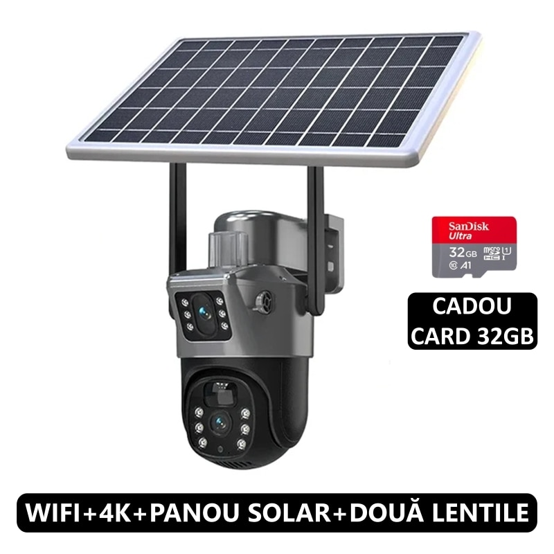 Camera Video de Supraveghere 4K - Cartela SIM 4G - Doua Lentile, Panou Solar, 360° - eMAG.ro