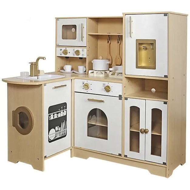 Bucatarie din lemn natural pentru copii LikeSmart Corner Play Kitchen ...