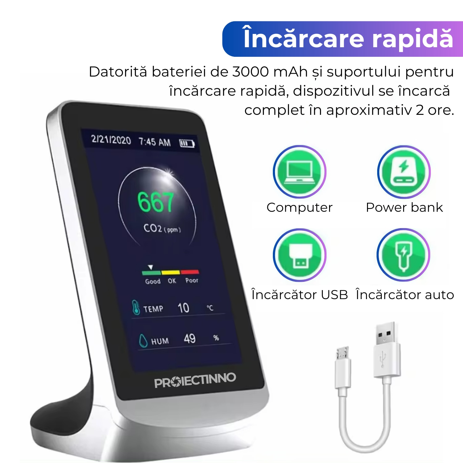 Monitor portabil masurare calitate aer, Proiectinno, 8 in 1, Wifi, detector CO2, TVOC, HCHO ...