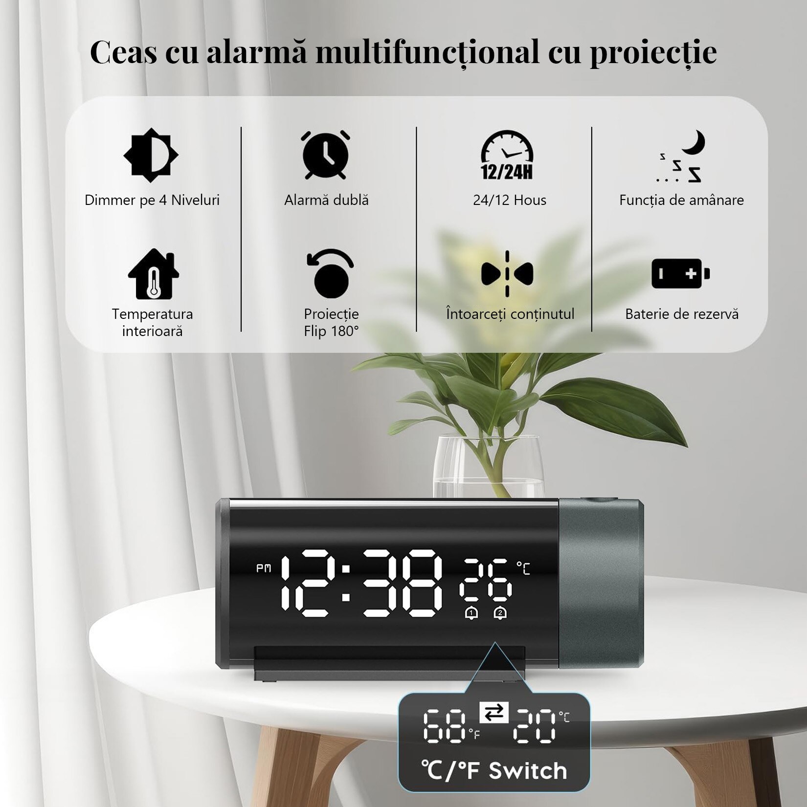 Ceas cu Alarma de Proiectie, Ceas Digital 4 Nivele de luminozitate ...