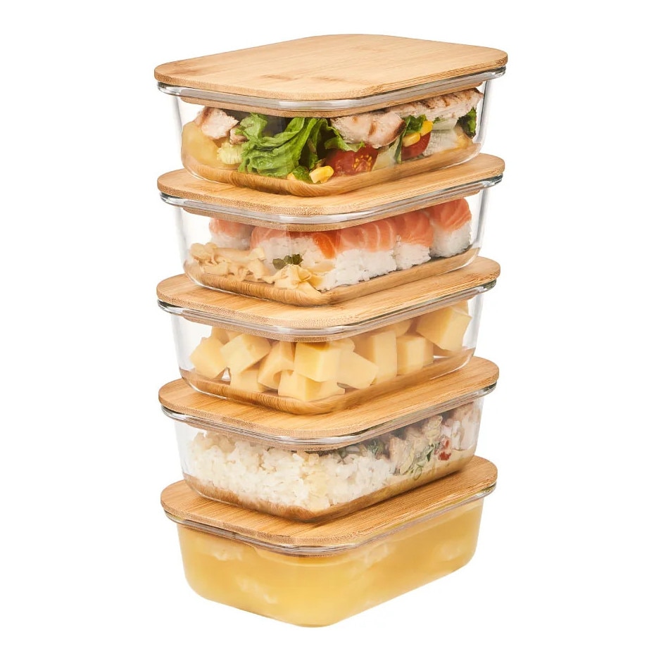 Set 5 caserole M (640 ml) pentru mancare, Ordino, capac bambus, etanse ...