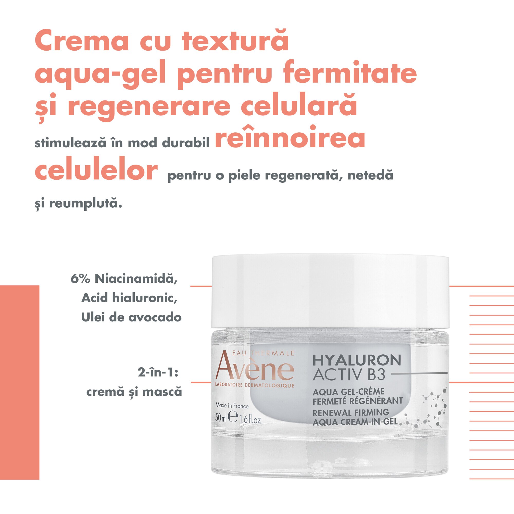 Crema pentru regenerare celulara Avene Hyaluron Activ B3 Aqua-gel, 50 ...