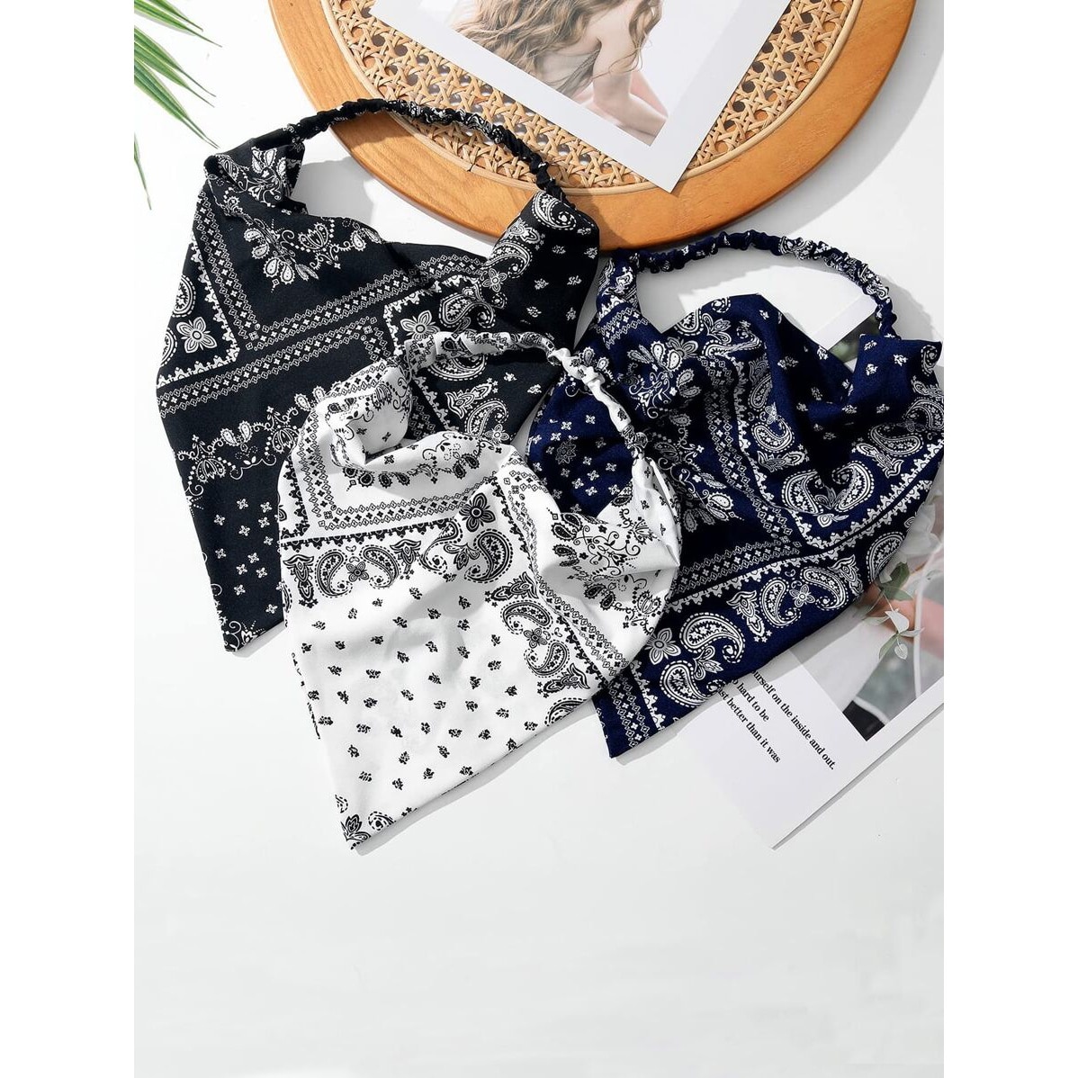 Set de 3 bandane cu elastic, Alba, Neagra, Albastra, Bumbac, potrivite ...