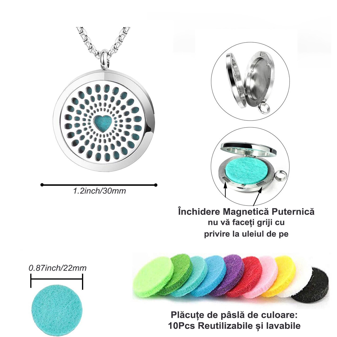 Colier difuzor ulei esential Hoyecl, set cu pandantiv, lant din otel ...