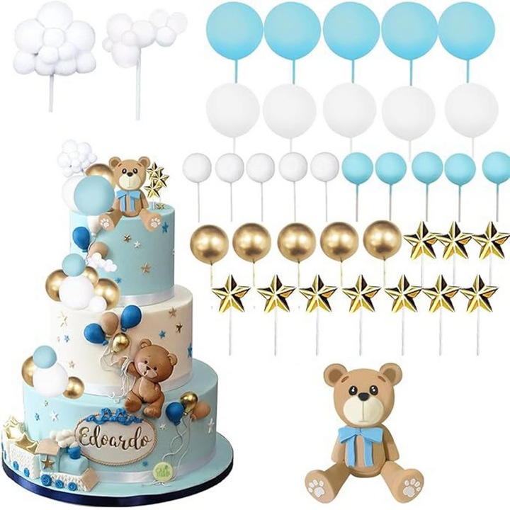 Set 38 Decoratiuni Topper Tort Ursulet Albastru HASEPE, pentru Botez ...