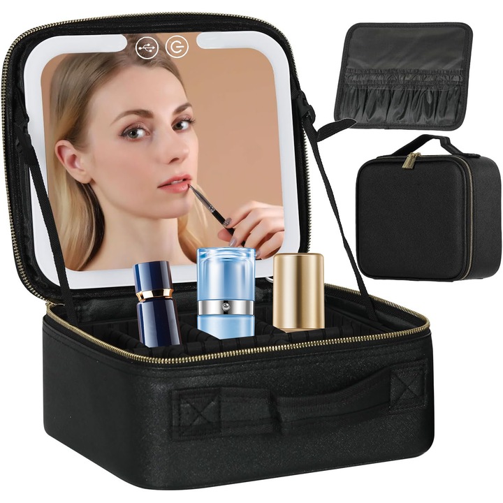 Geanta cosmetice dotata cu oglinda LED, compartimente reglabile, negru ...