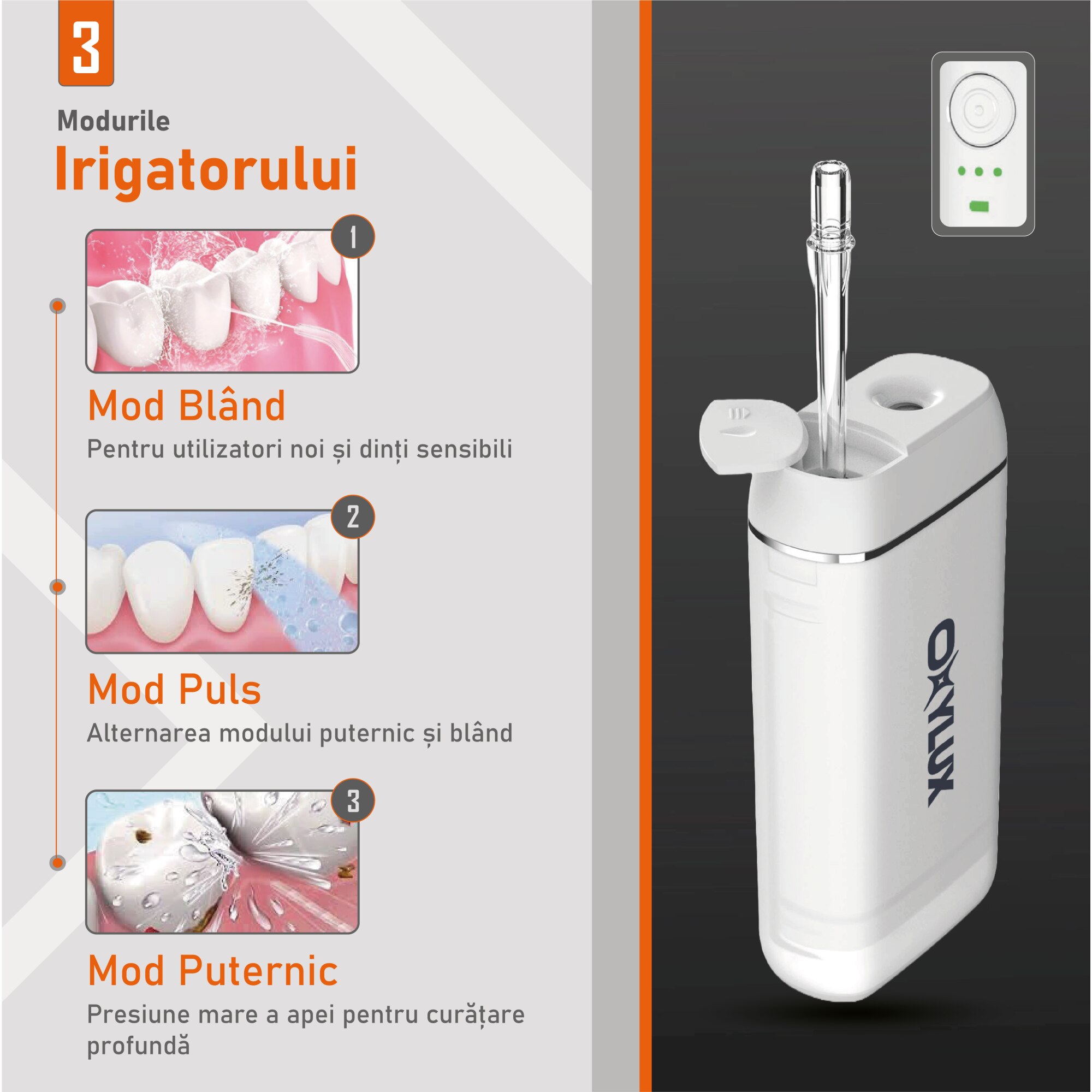 Mini Irigator Oral pentru Dus Bucal Portabil, OXYLUX, Rezistent la Apa ...