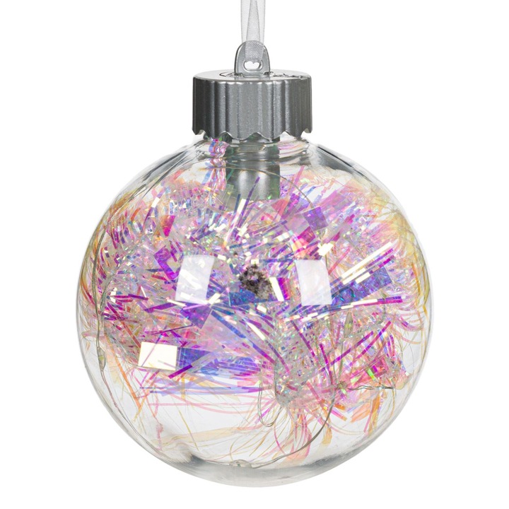 Glob de Crăciun LED Tinsel Irizat, transparent, 9cm, baterii incluse ...