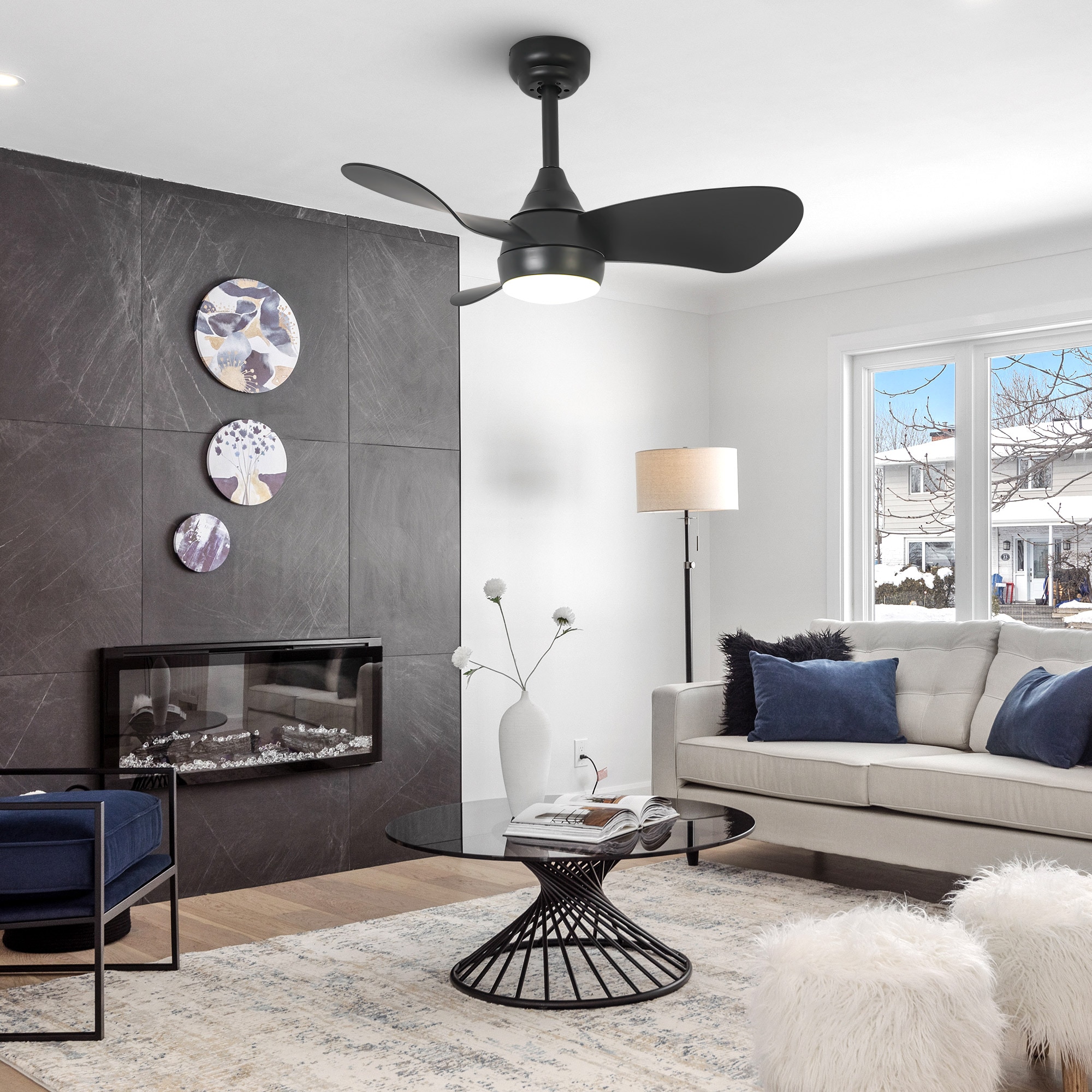 Ventilator de tavan cu iluminare, Parrot Uncle, 76cm, motor DC silentios, telecomanda, negru ...