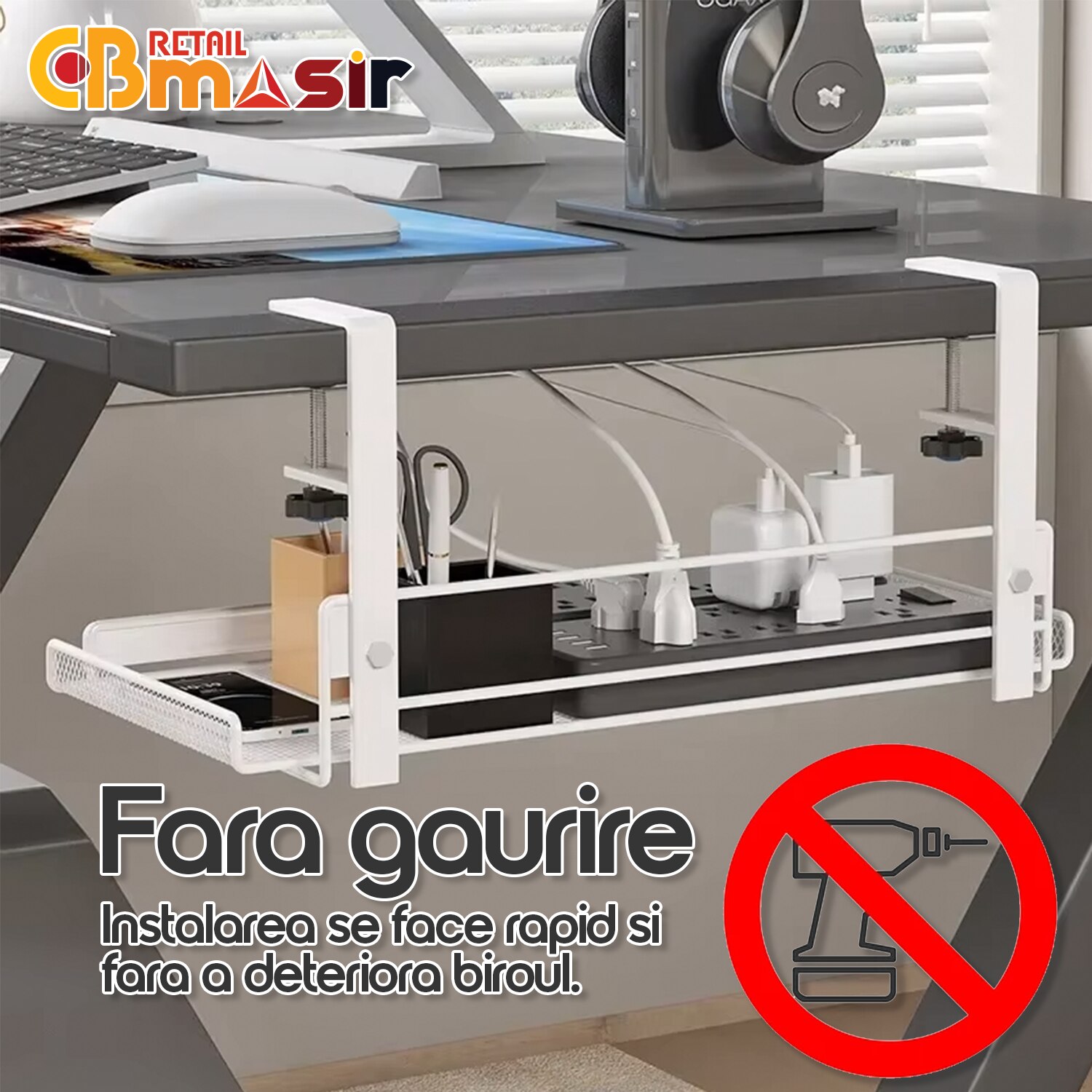 Organizator de Cabluri Reglabil CBMasir, Montare Sub Birou, Fara ...