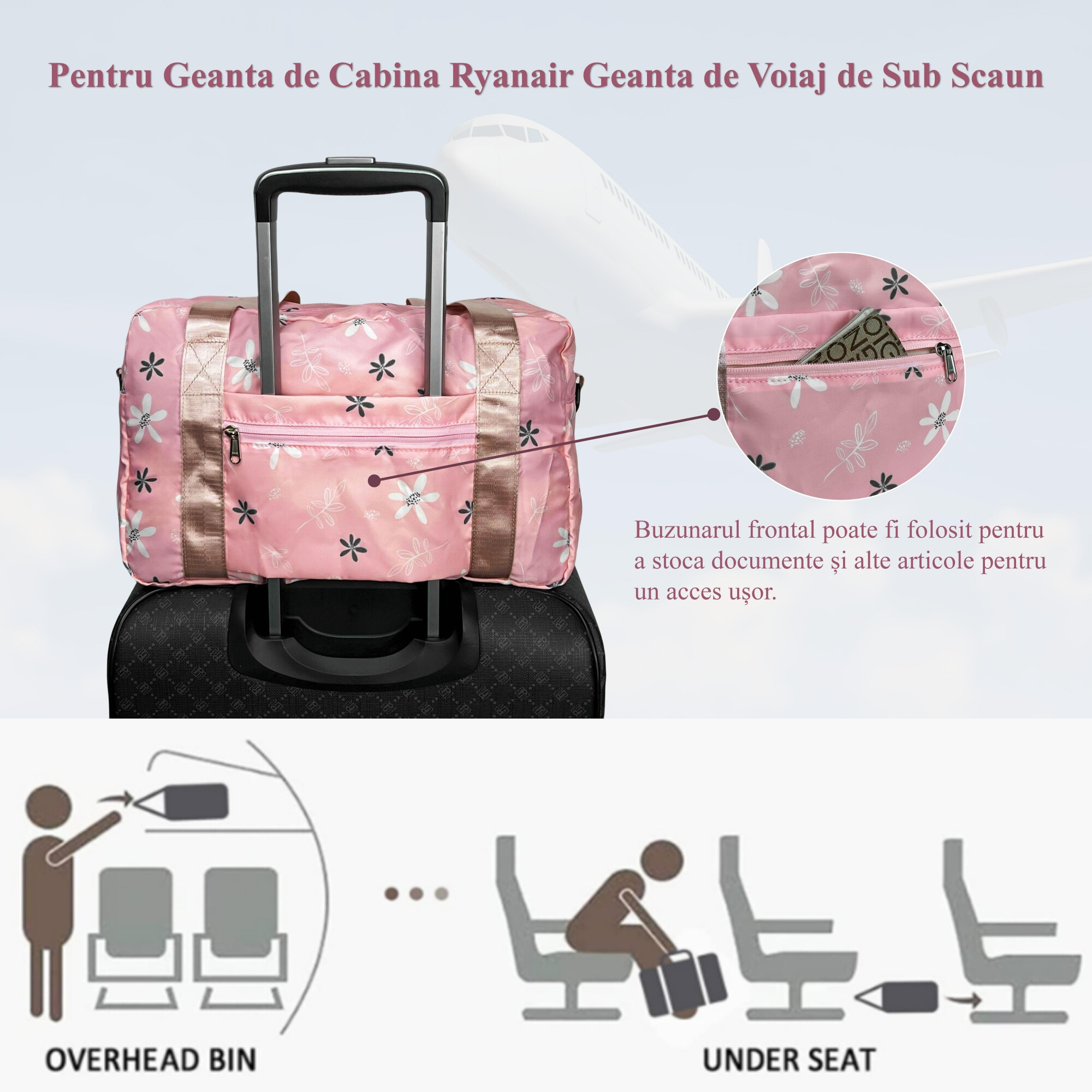 Geanta de Voiaj Pliabila 20L, 40x20x25cm, roz, Pentru Geanta de Cabina ...