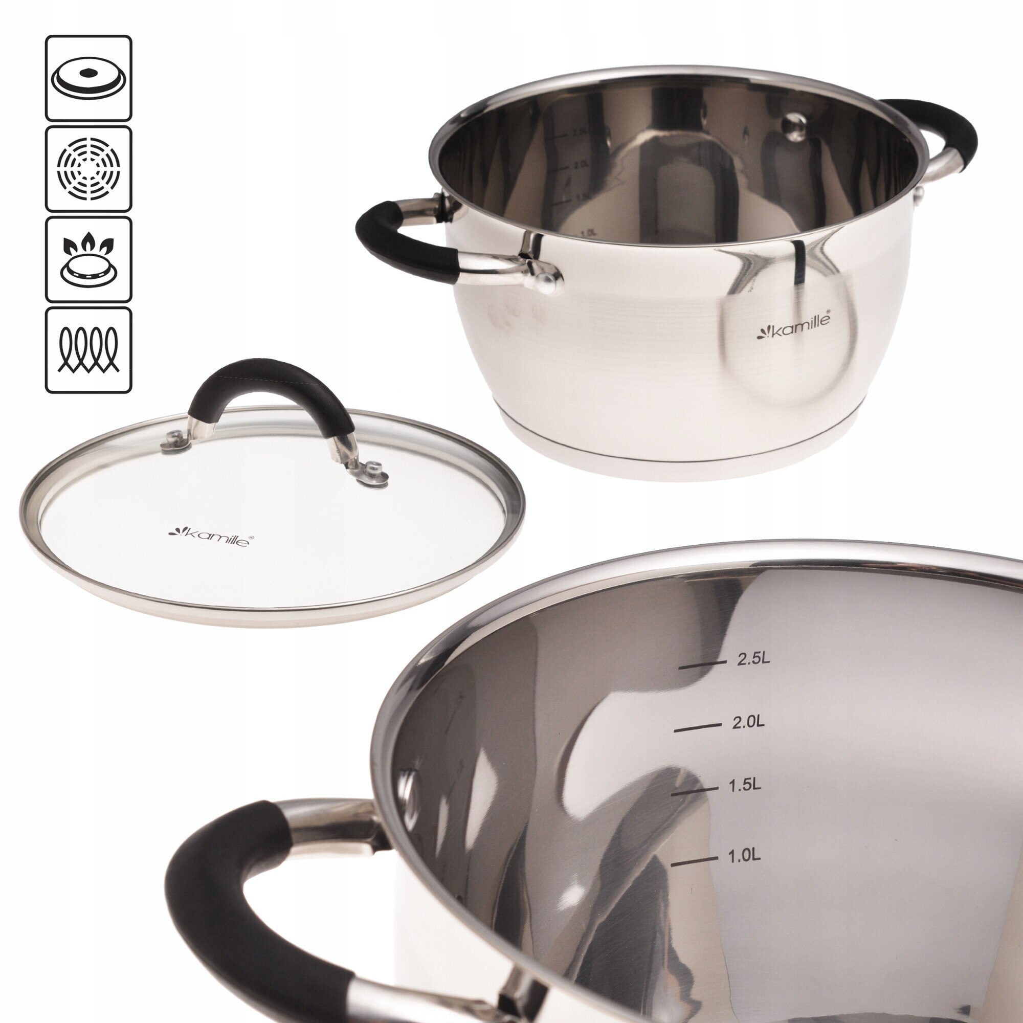 Set de oale din inox, cu capace, Kamille, 8 piese, capacitate variata ...