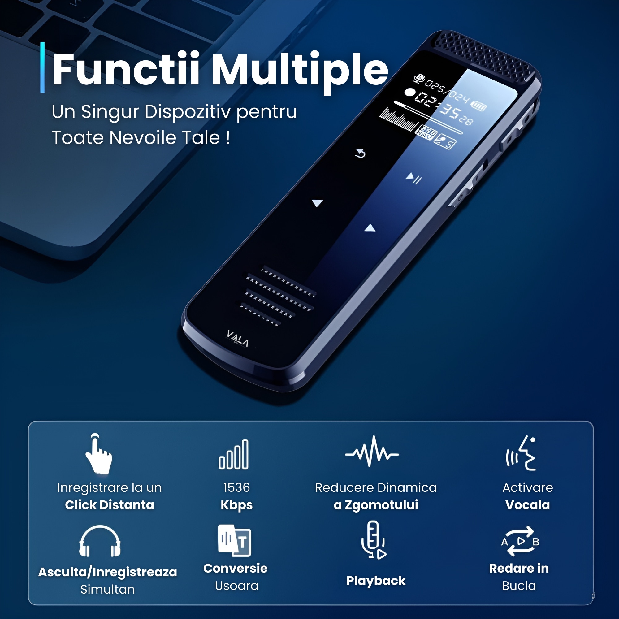 Reportofon Profesional Vala Tech®️, MP3/WAV, Reducere a Zgomotului ...