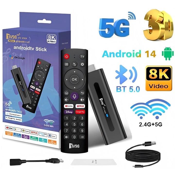Mediaplayer EXCITAT® TV Stick 8K, Control Voce, 2.4G/5G Dual Wi-Fi ...