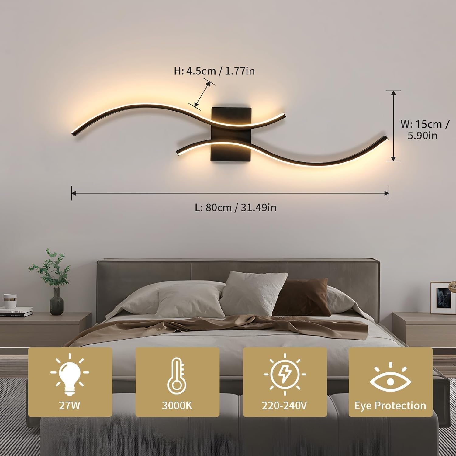 Goeco, Aplica LED, 27W, 80 cm, Lumina Calda 3000K, Design Curbat Negru ...