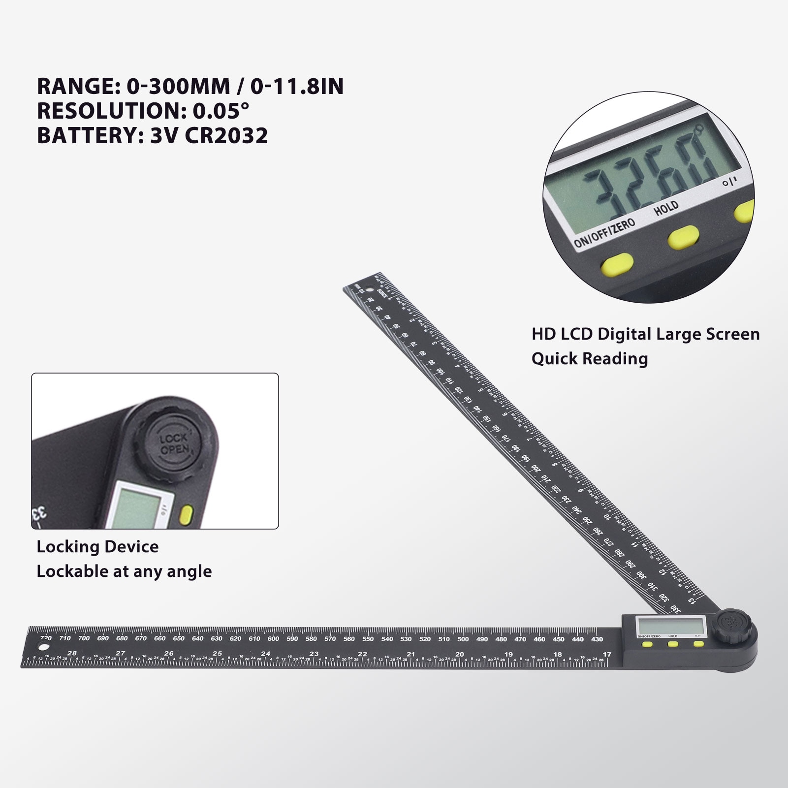 Ruler de unghi digital Enforose, 0-360 grade, 0-300mm, display LCD ...