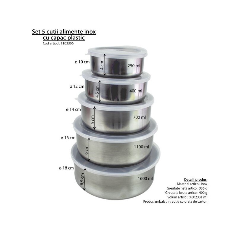 Set 5 cutii alimente inox cu capac plastic, AZHOME - eMAG.ro