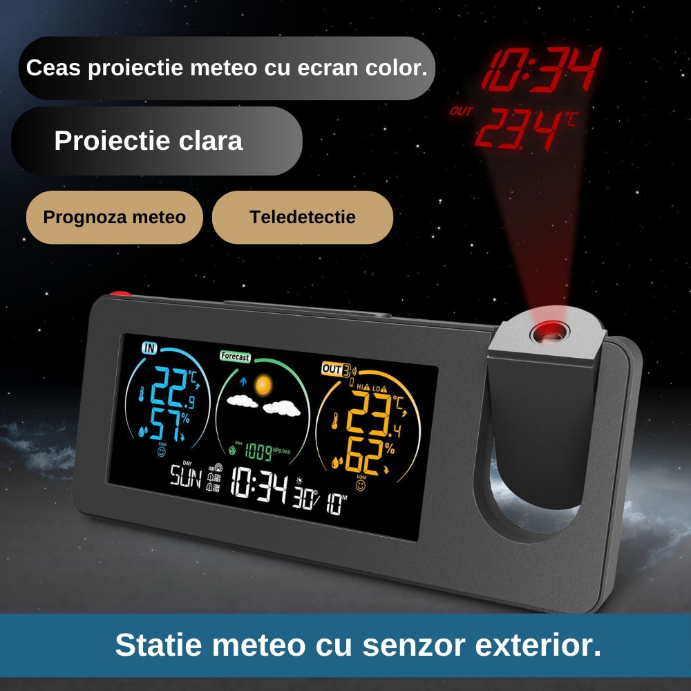 Ceas electronic cu proiectie digitala, statie meteo, termometru fara fir pentru interior si ...