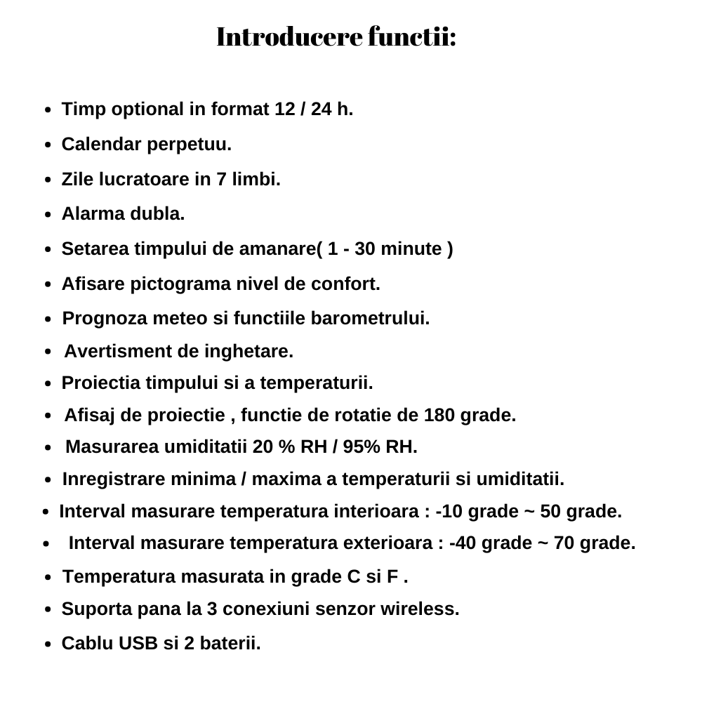 Ceas electronic cu proiectie digitala, statie meteo, termometru fara ...
