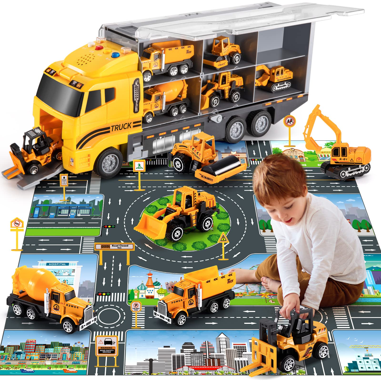 Set de jucarii cu remorca de constructie, 6 vehicule mini, galben/negru ...