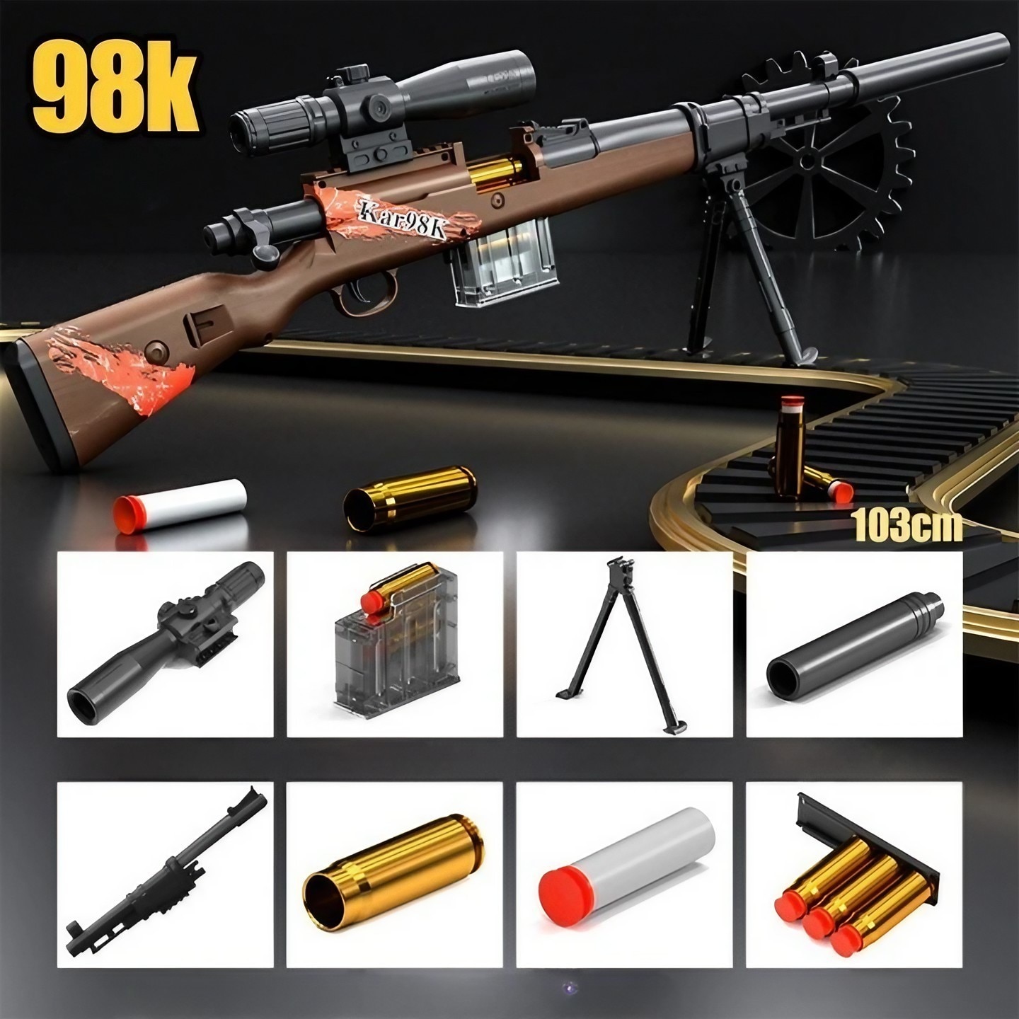 Pusca Elita de Jucarie 98K cu Amortizor Luneta Trepied Gloante Moi din Burete EVA si 5 Cartuse ...