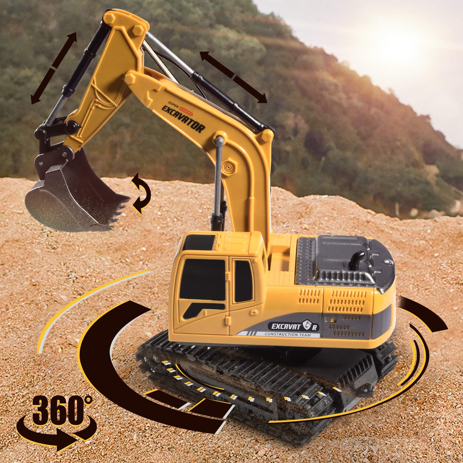 Excavator de constructie telecomandat 1:24, galben, jucarie pentru ...