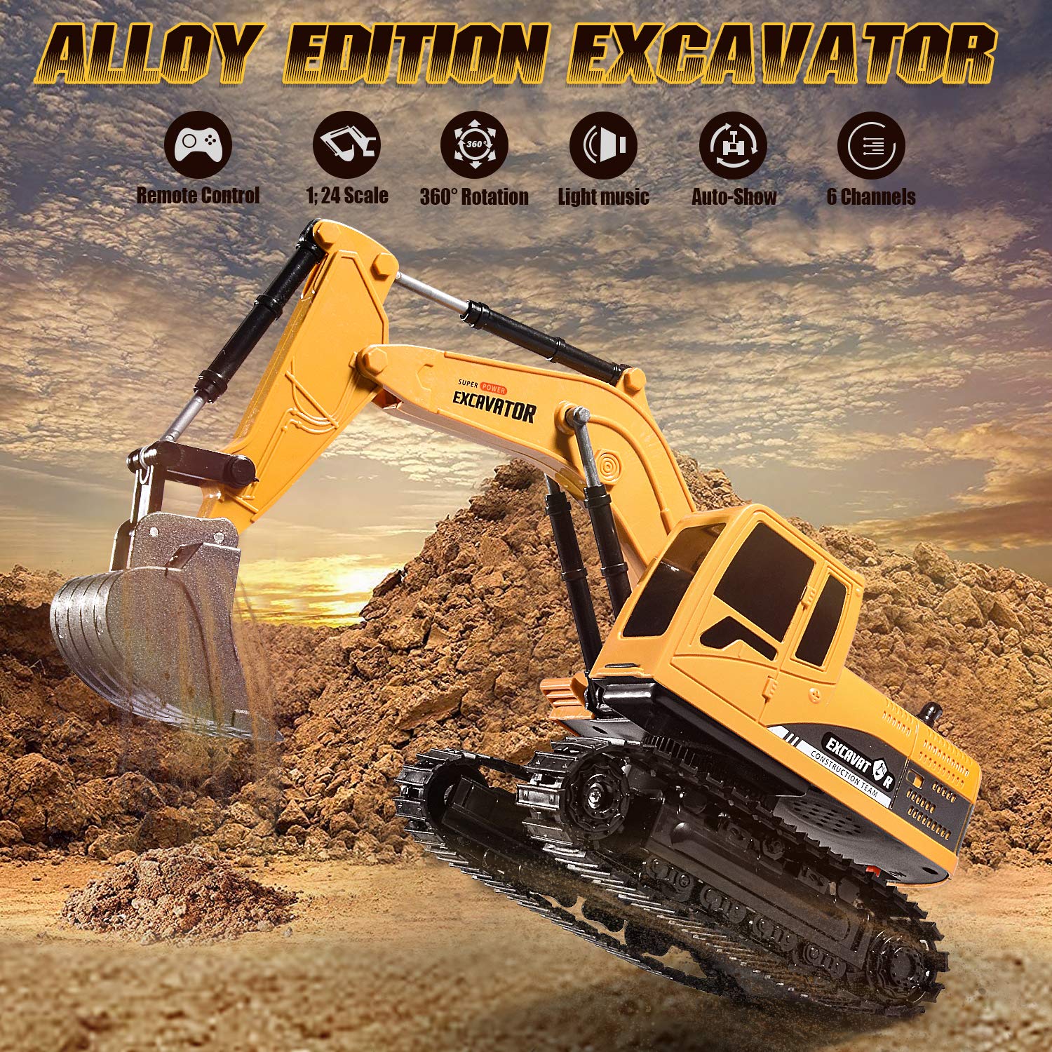 Excavator de constructie telecomandat 1:24, galben, jucarie pentru ...