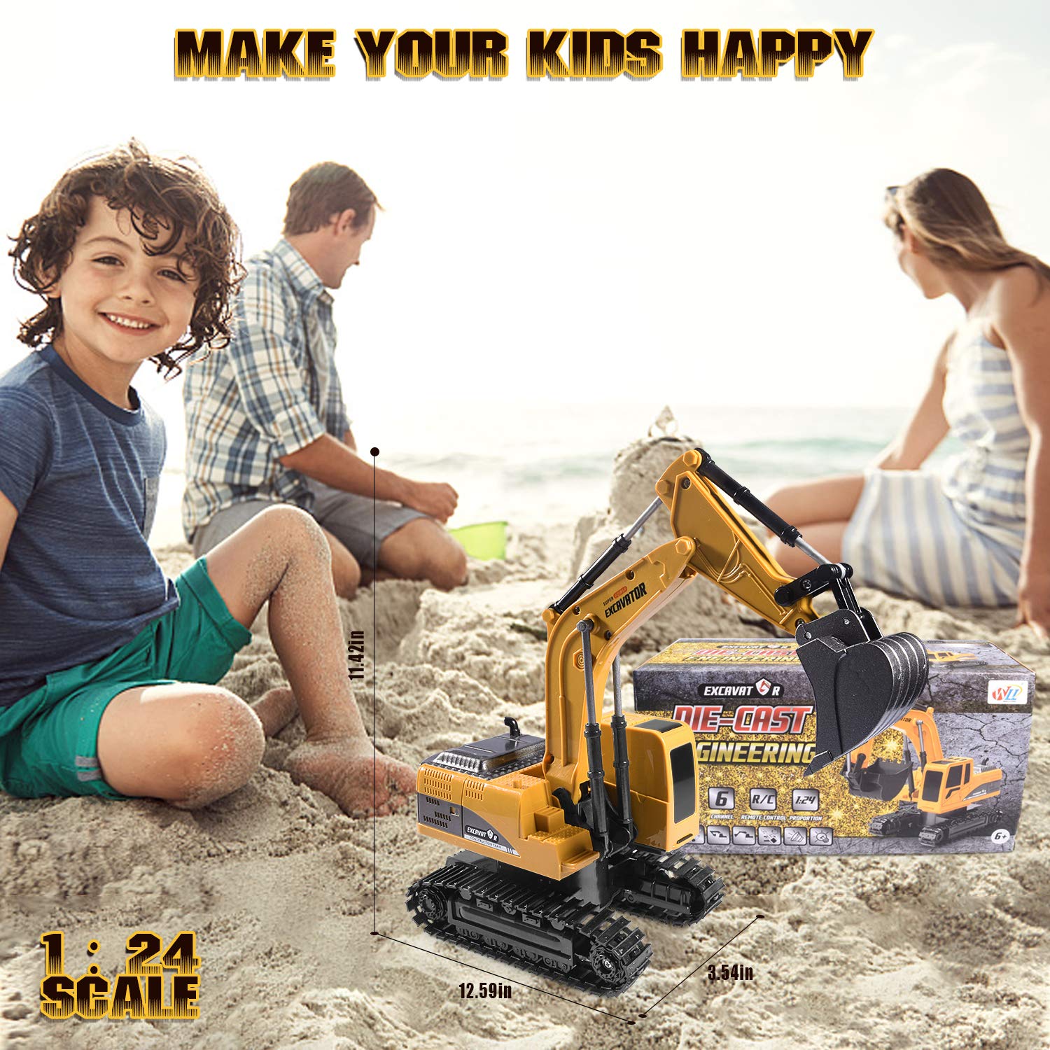 Excavator de constructie telecomandat 1:24, galben, jucarie pentru ...